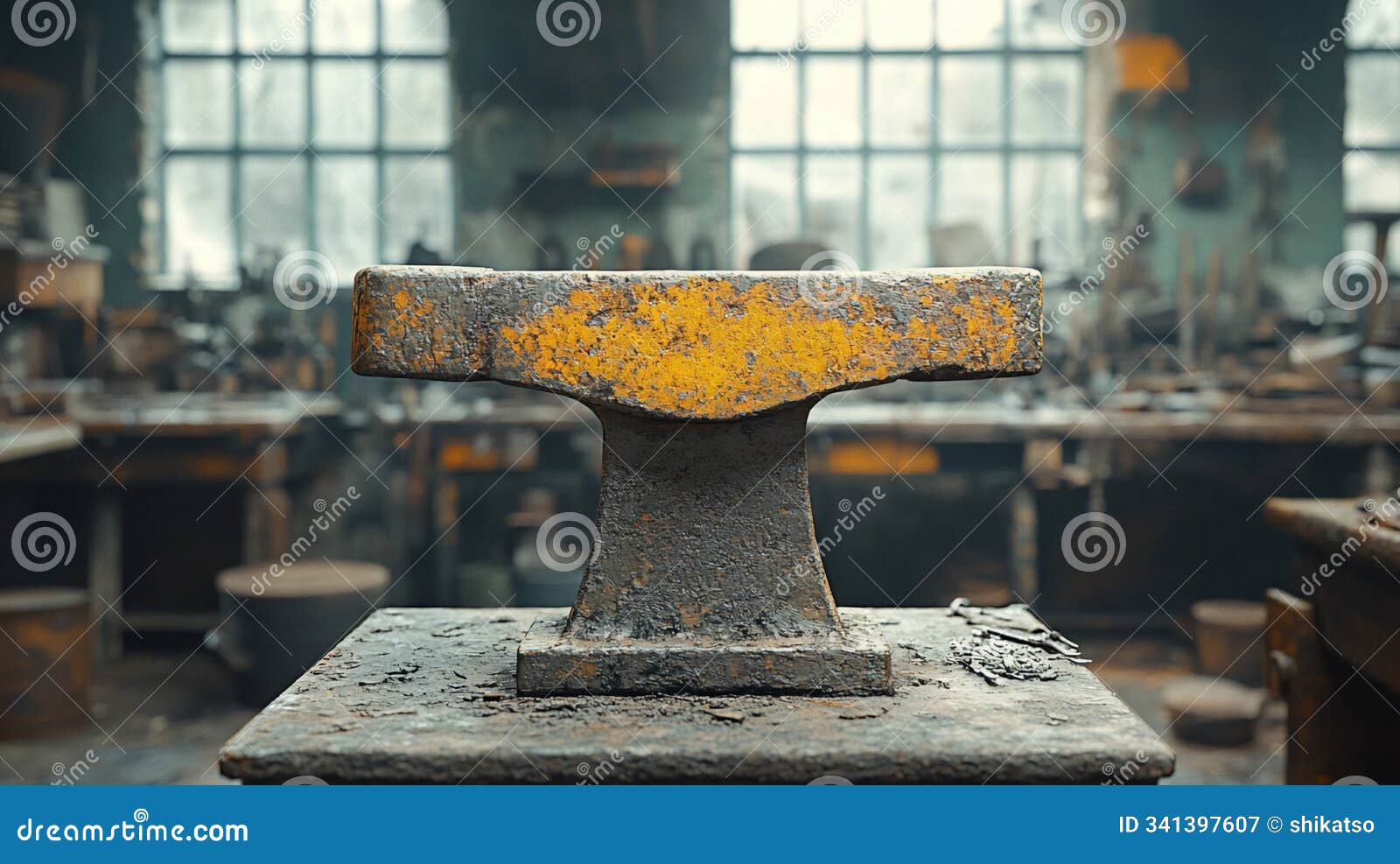 An Old, Rusty Anvil Sits on a Workbench in a Dimly Lit Workshop Stock ...
