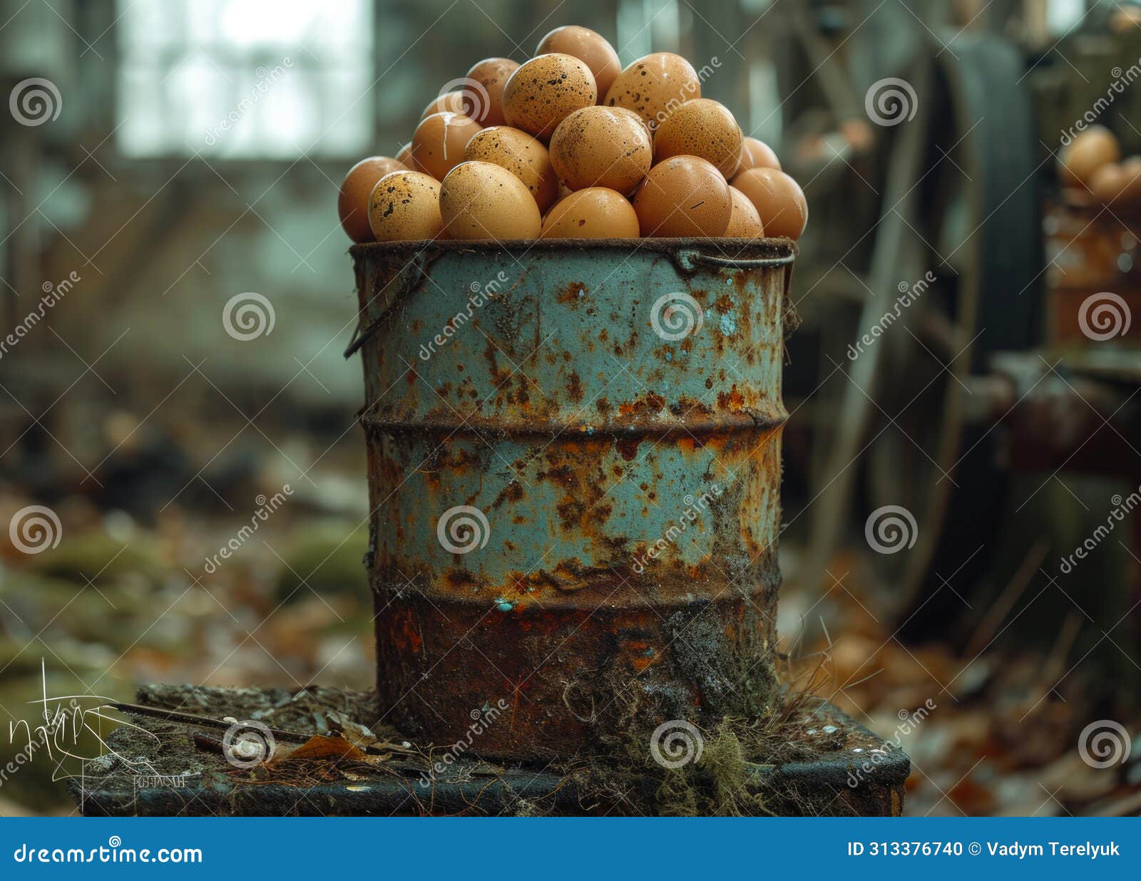 Old Rusty Barrel with Eggs in the Farm Stock Photo - Image of fresh ...