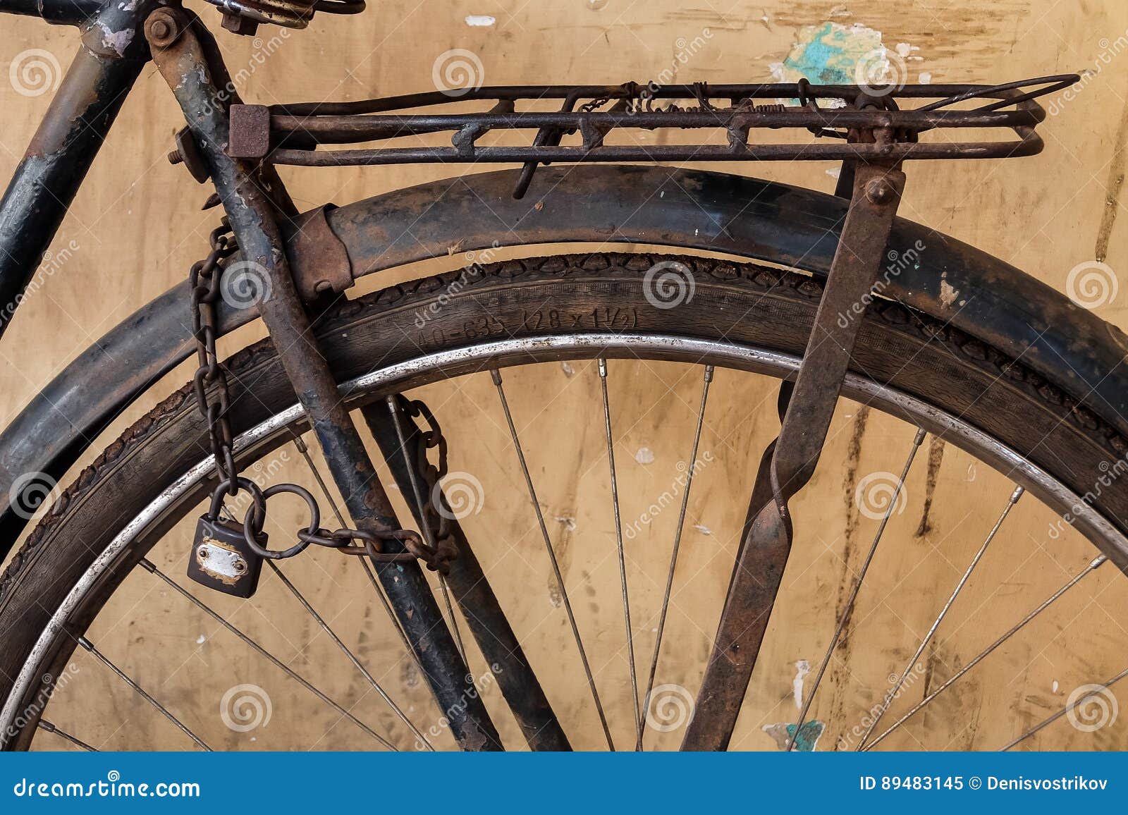 Old Rusty Bicycle with Chain and Lock on the Wheel Stock Image - Image ...