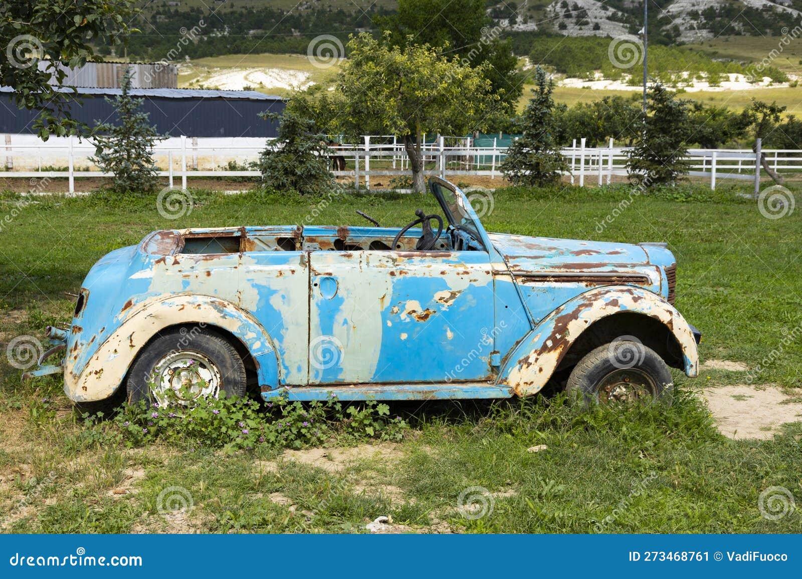 An Old Rusty Blue Car Rooted into the Ground Stock Image - Image of ...