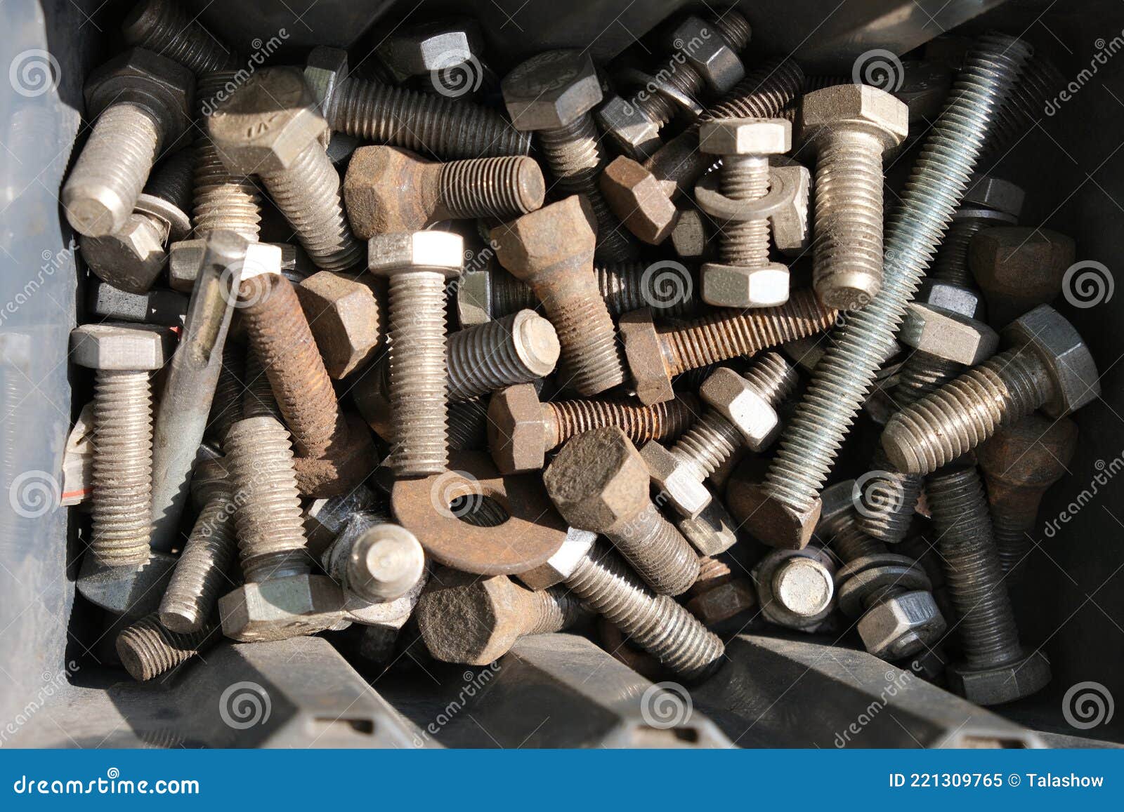 Old Rusty Bolts in a Box Top View Stock Image - Image of steel, macro ...