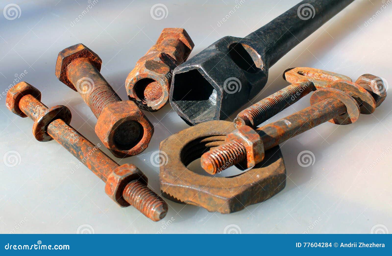 Old Rusty Bolts Nuts and Socket Wrench Stock Photo - Image of iron ...