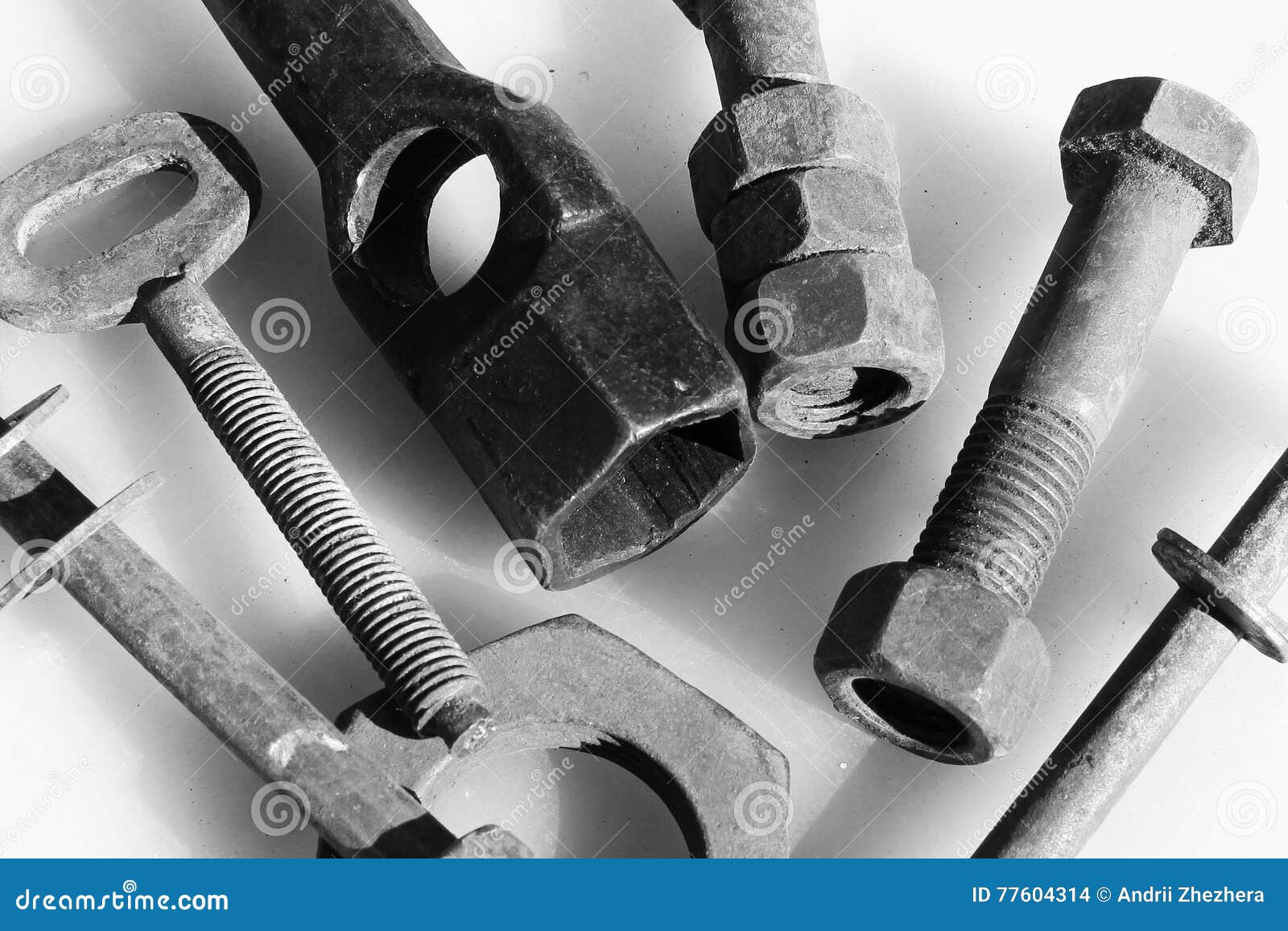 Old Rusty Bolts Nuts and Socket Wrench - Black and White Image Stock ...
