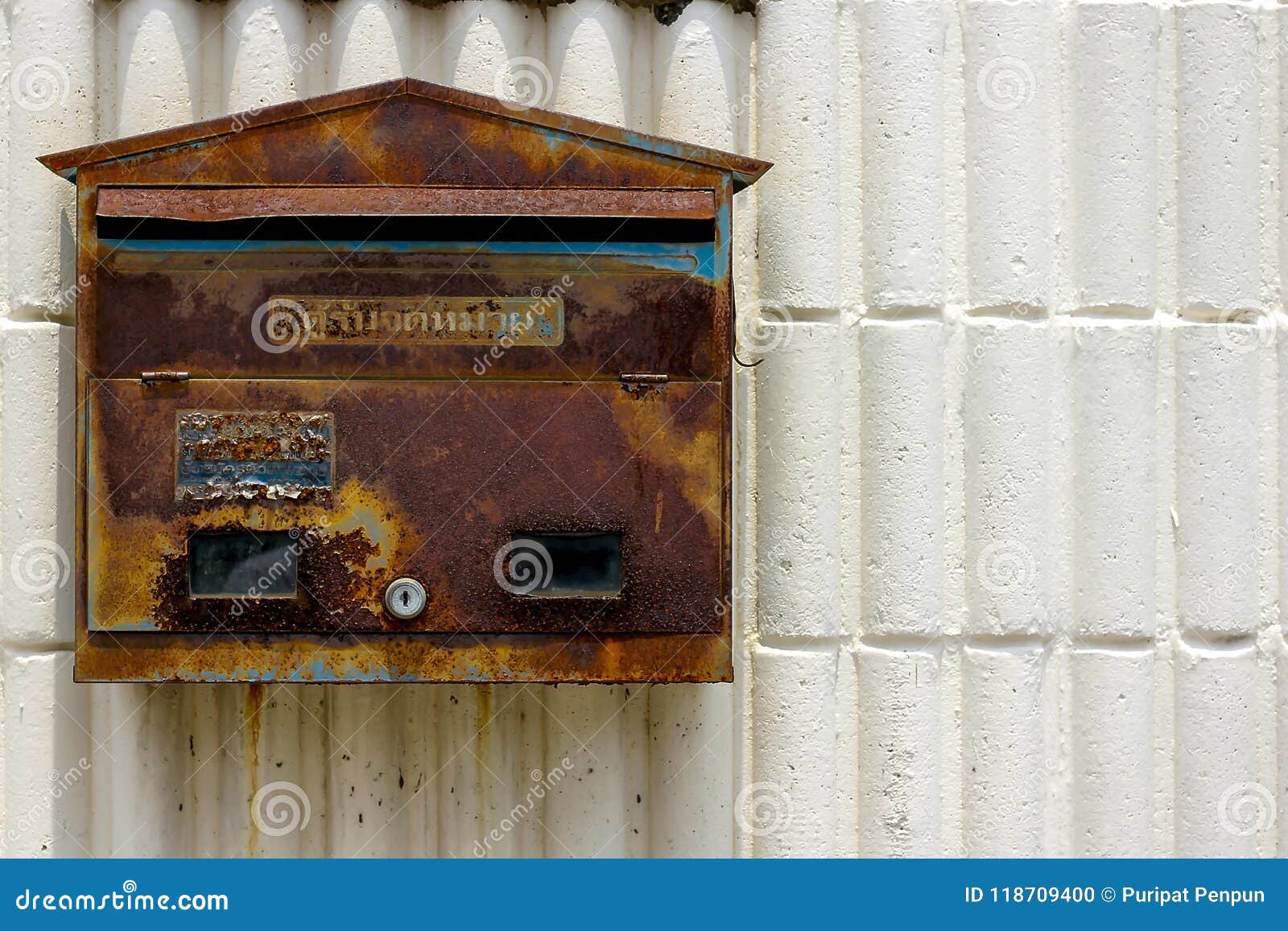 Old Mail Box that is Rusty Color Peeling. Stock Photo - Image of blue ...