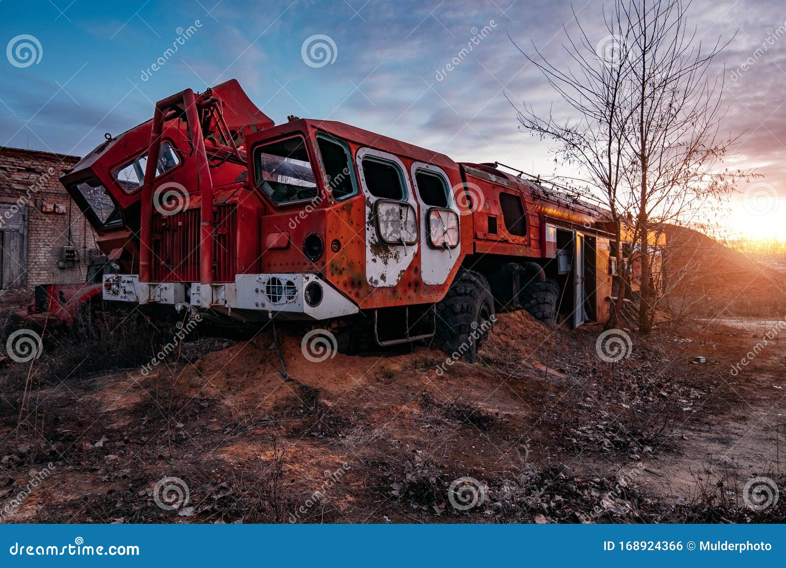 Old Rusty Broken Abandoned Soviet Fire Truck on Evening Sunset Stock ...