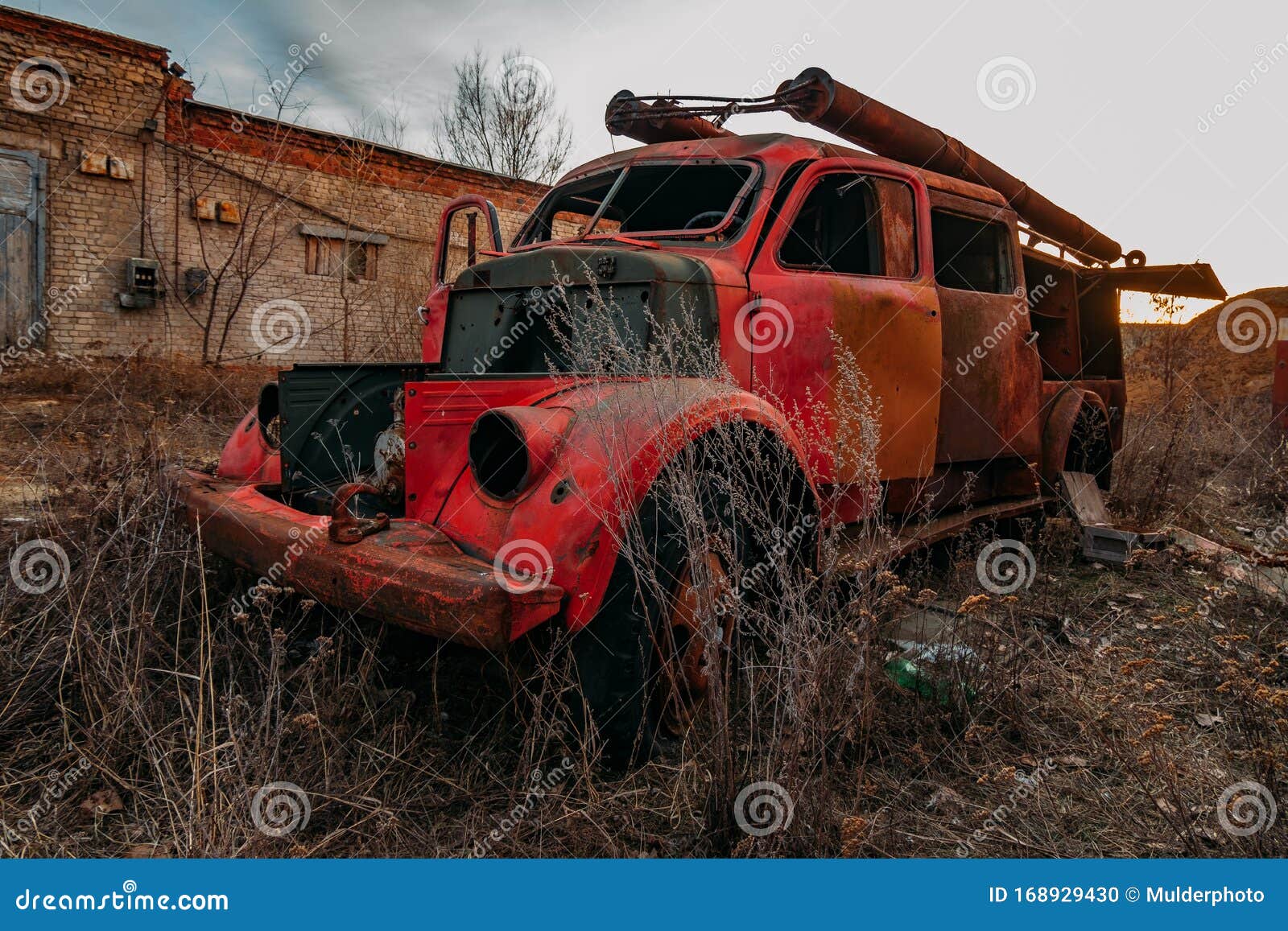 Old Rusty Broken Abandoned Soviet Fire Truck on Evening Sunset Stock ...