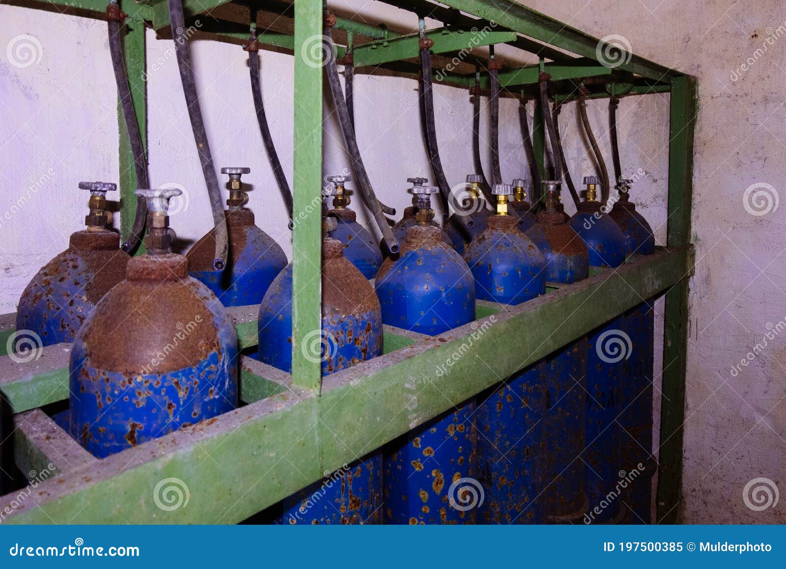 Old Rusty Bundle of Blue Gas Cylinders Stock Image - Image of oxygen ...