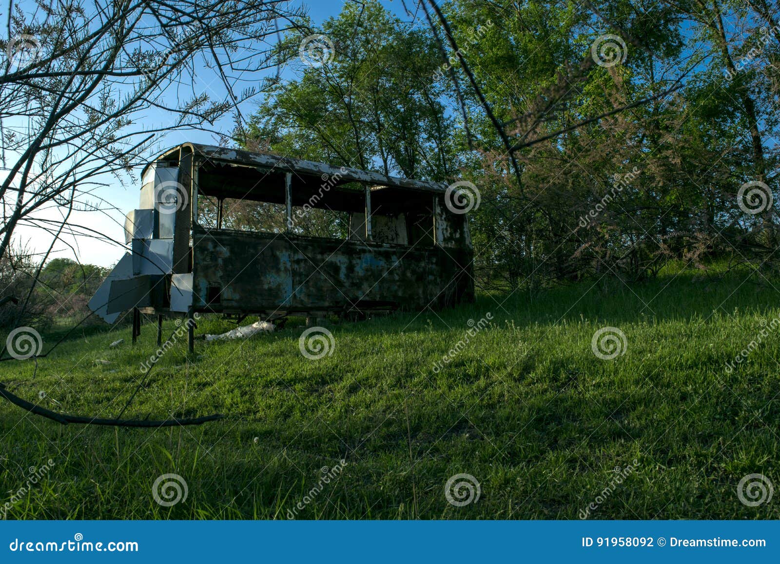 Old Rusty Bus in Forest stock photo. Image of landscape - 91958092