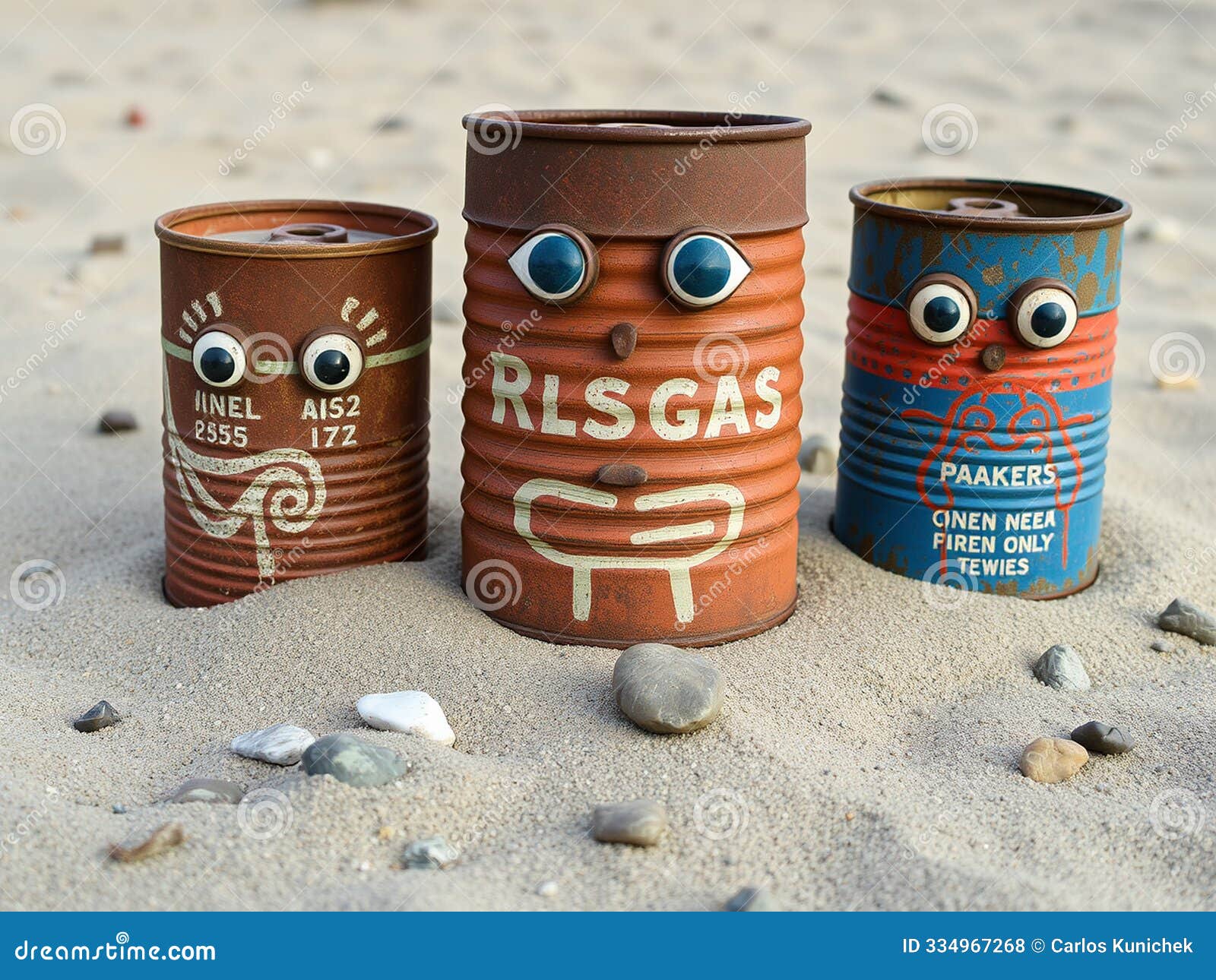 Old Rusty Cans With Eyes Stand And Stare, Along With Pebbles Embedded ...