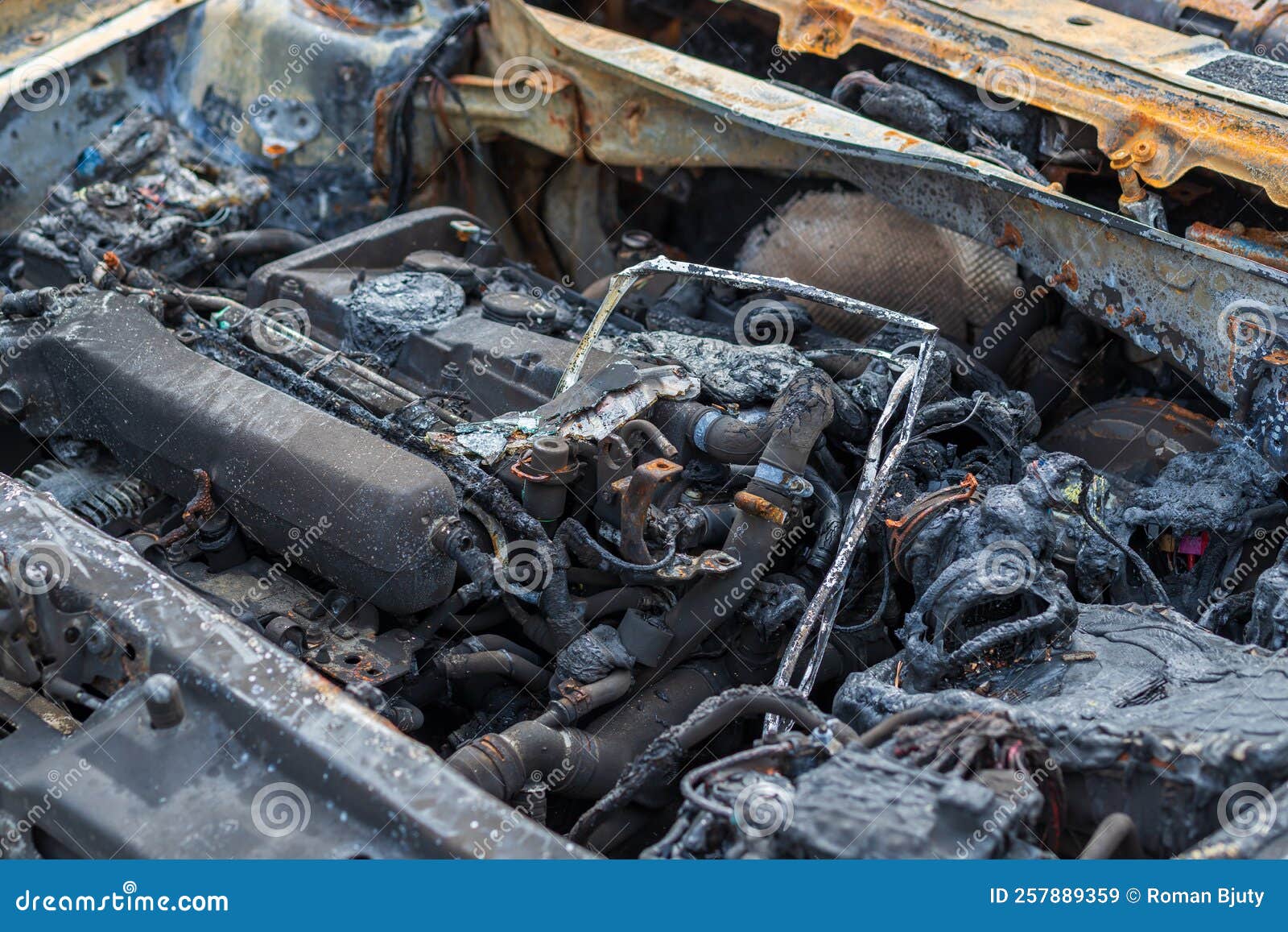 An Old Rusty Car that Burned Down. a Burned-out Car Stands on the Side ...