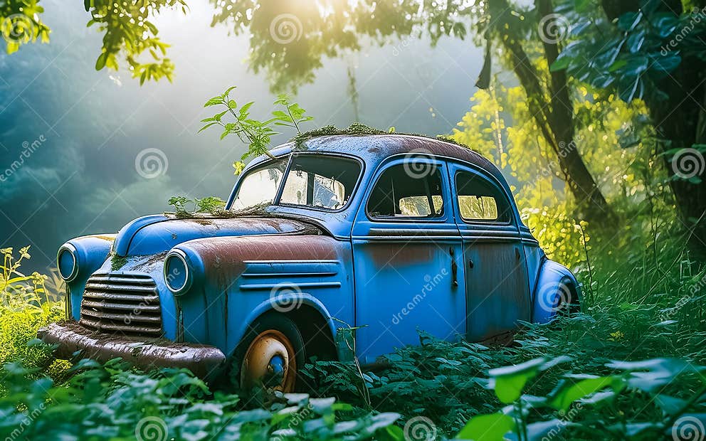 Rusty Car Stands Abandoned in the Forest Stock Illustration ...