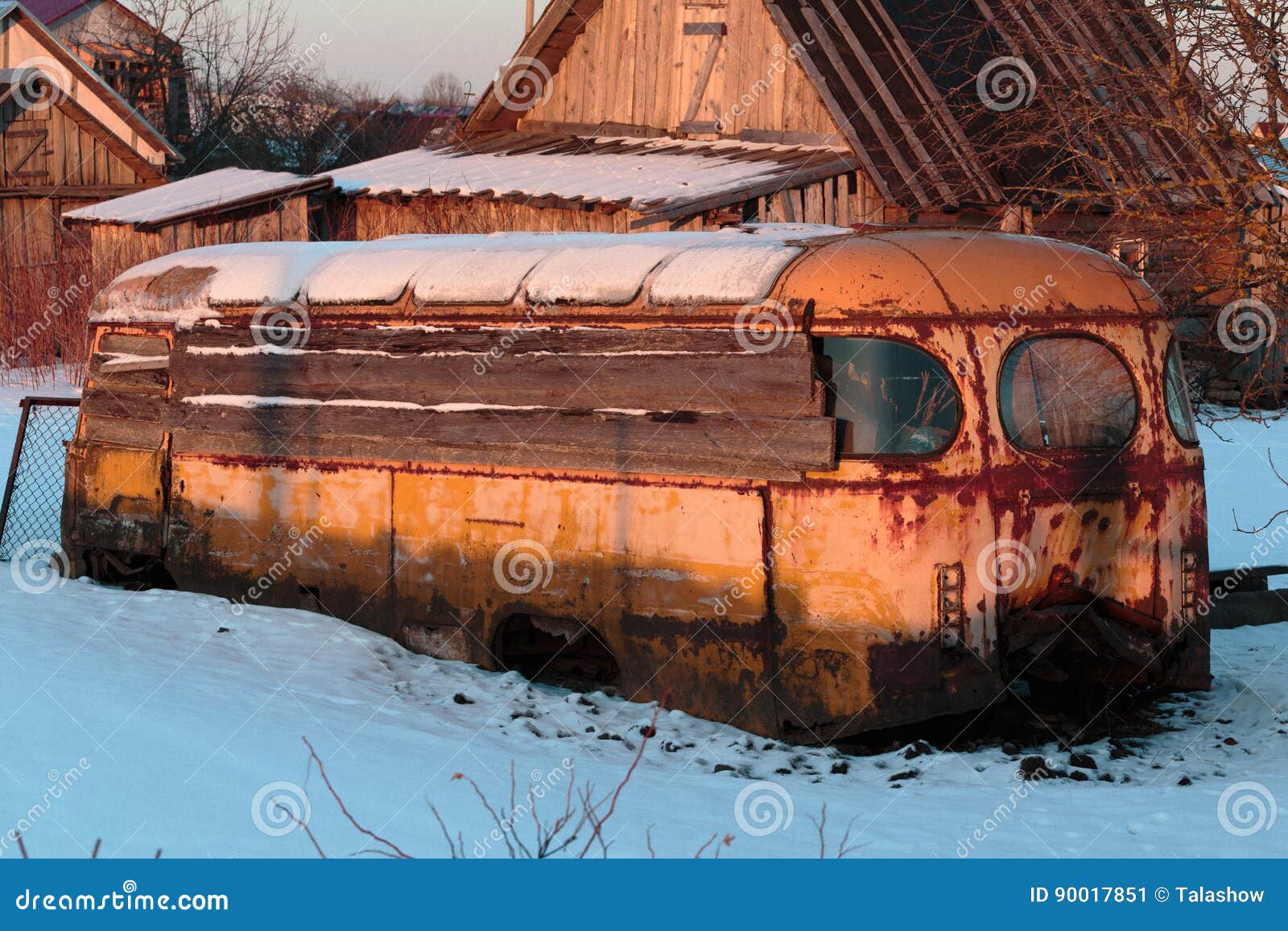 Old Rusty and Collapsed Bus Shrouded in Snow. Stock Image - Image of ...