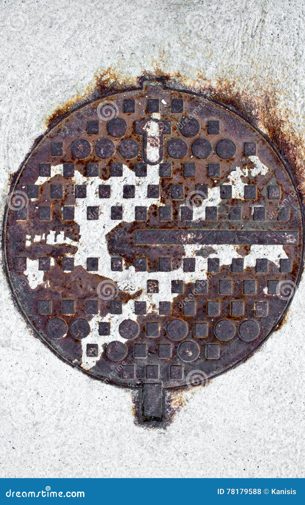 Old Rusty Corroded Manhole Cover on a White Concrete Stock Photo ...
