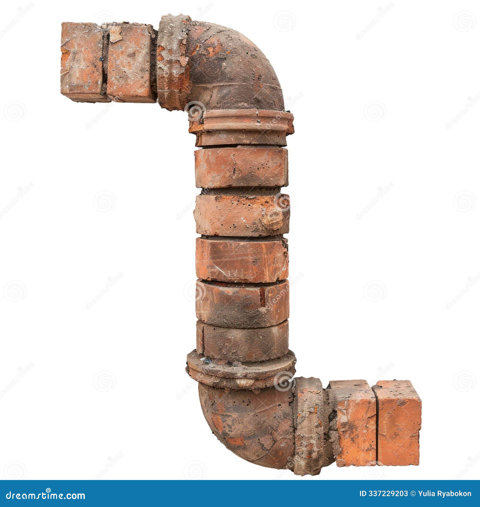Old Rusty Drain Pipe Covered with Bricks Isolated on White Background ...