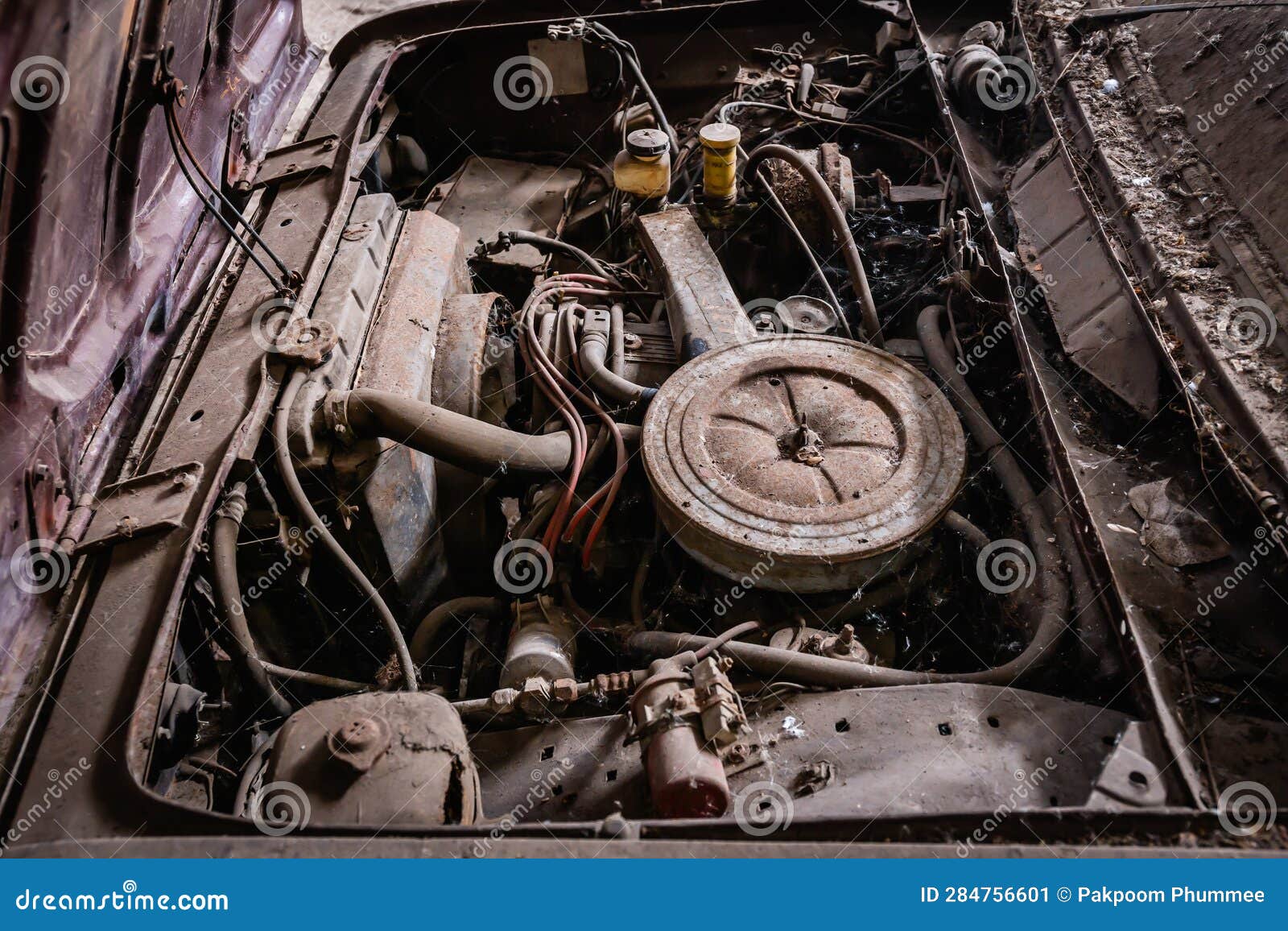 Old Rusty and Dusty Car Engine is Left Idle. Stock Image - Image of ...