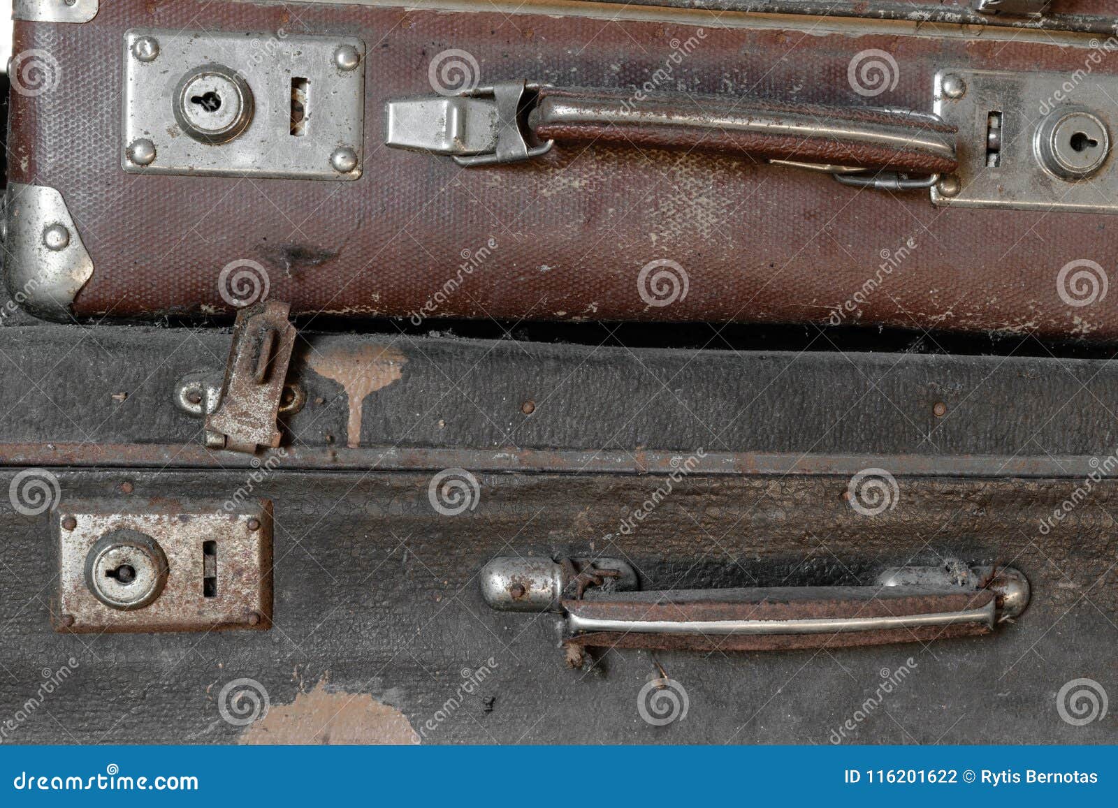 Two Old, Rusty, Dusty And Dirty Suitcases Lying On The Brown Chest In ...