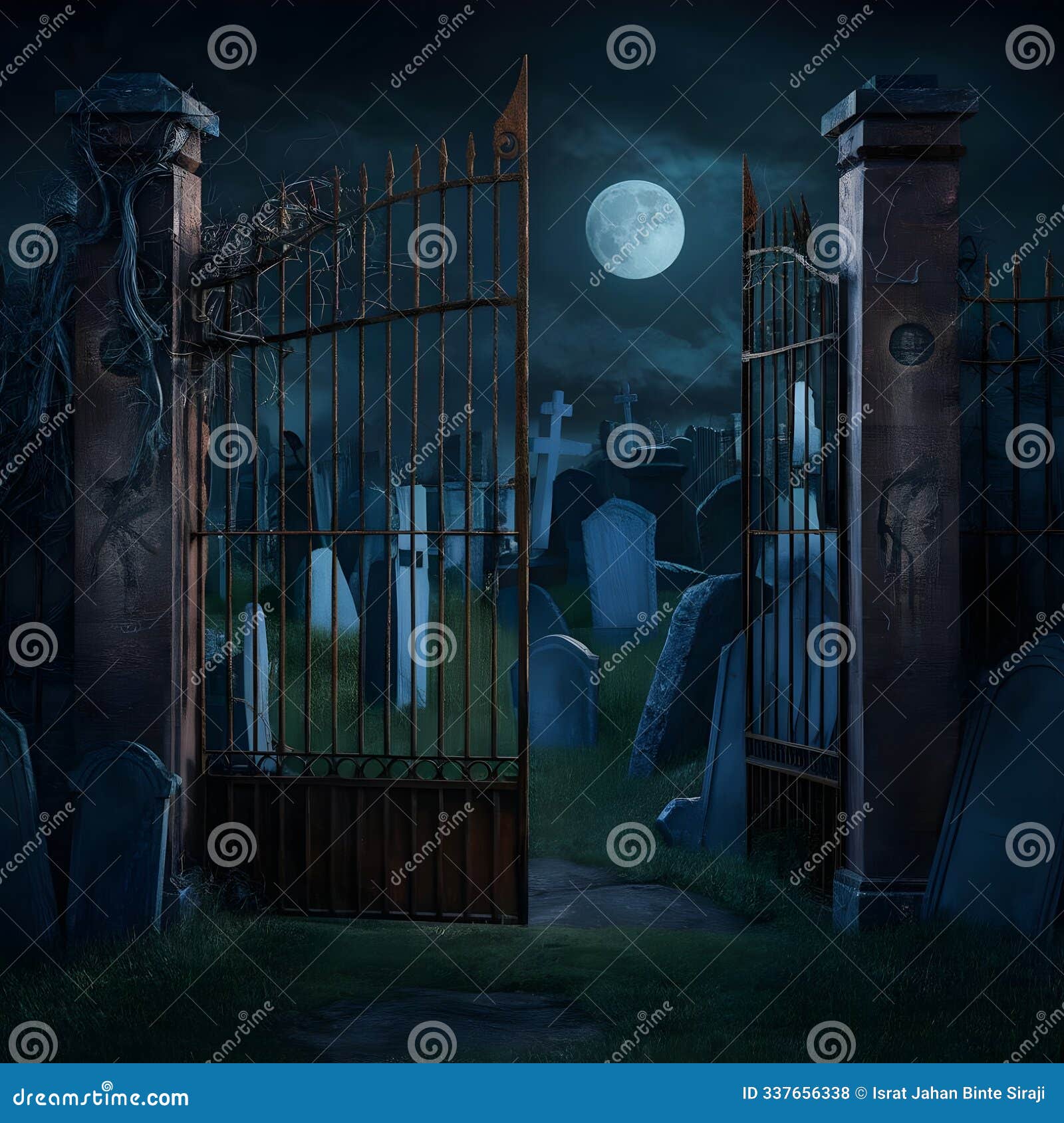 Old Rusty Gate Leading To a Haunted Graveyard at Night Stock Photo ...