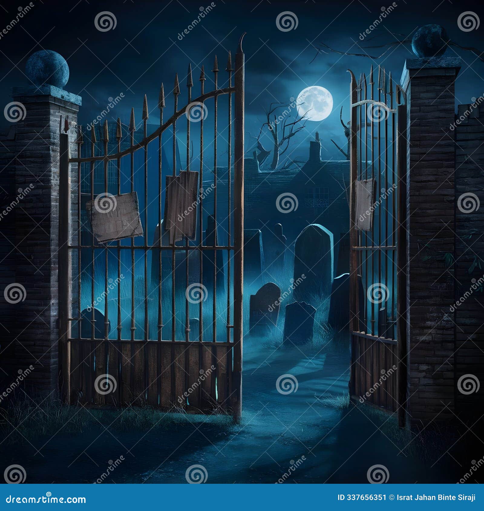 Old Rusty Gate Leading To a Haunted Graveyard at Night Stock Image ...