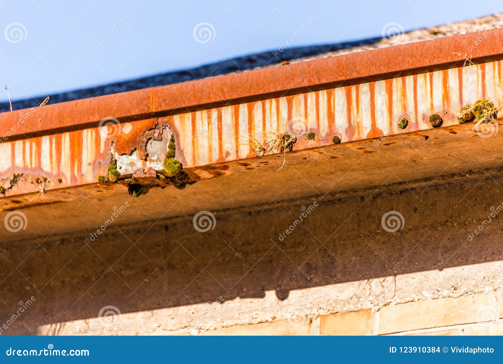 Old rusty gutters stock photo. Image of mosses, exterior - 123910384
