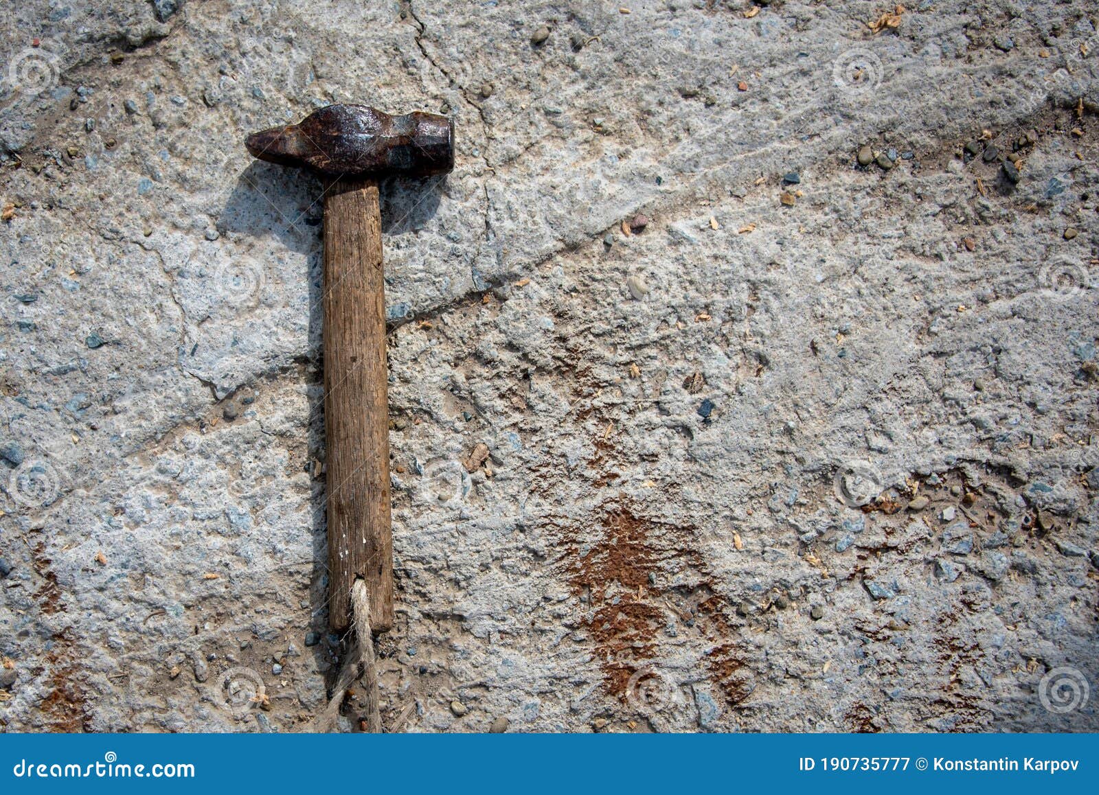 Old Rusty Hammer on Grunge Cement Floor Background, Top View Stock ...