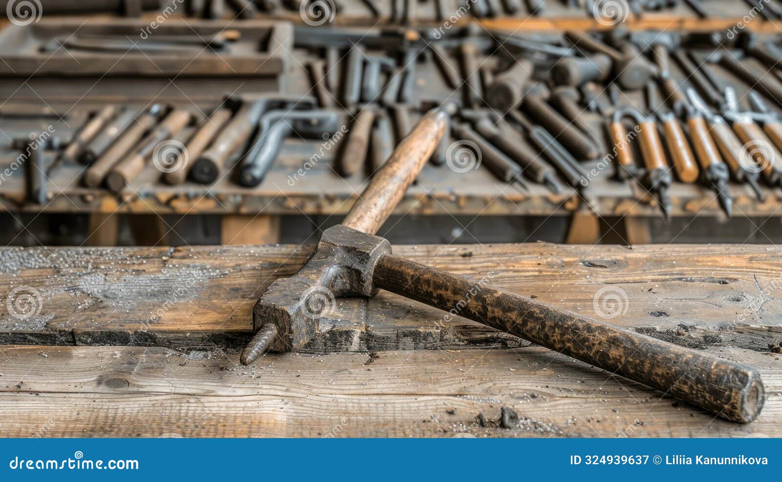 An Old, Rusty Hammer Lies on a Worn Wooden Workbench, with a Collection ...