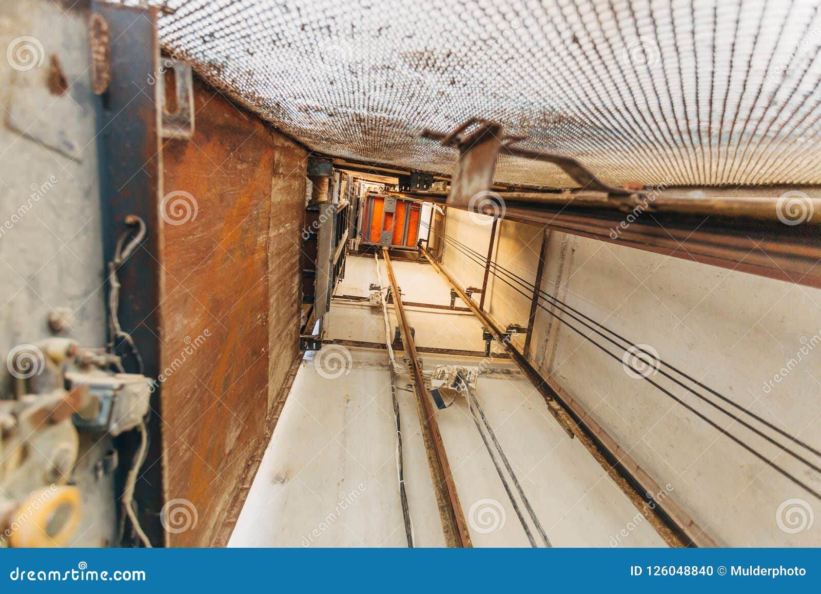 Old Freight Elevator Shaft. View Up Stock Photo - Image of wire ...