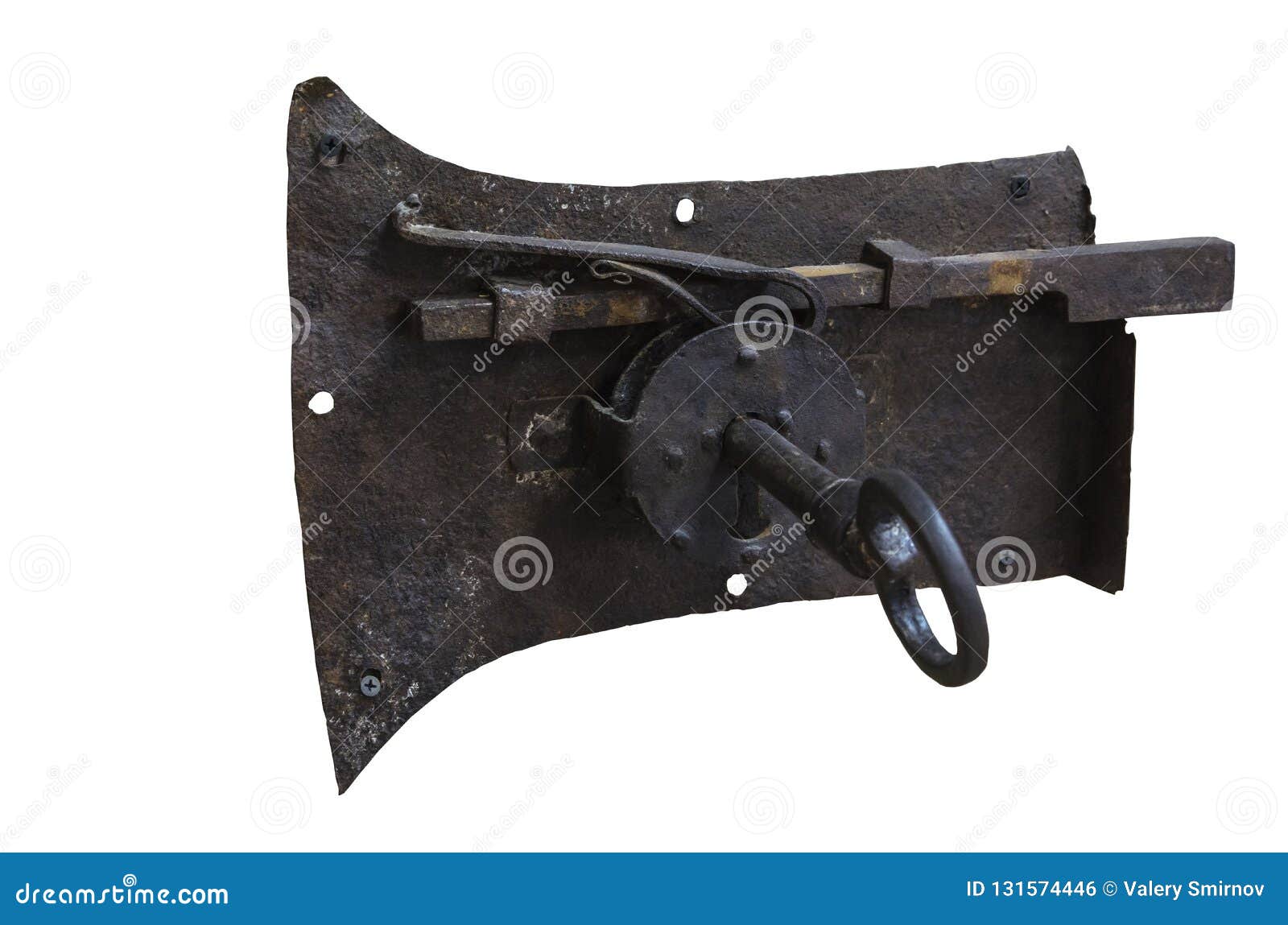 Old Rusty Large Iron Lock with a Unique Design Key on a White ...