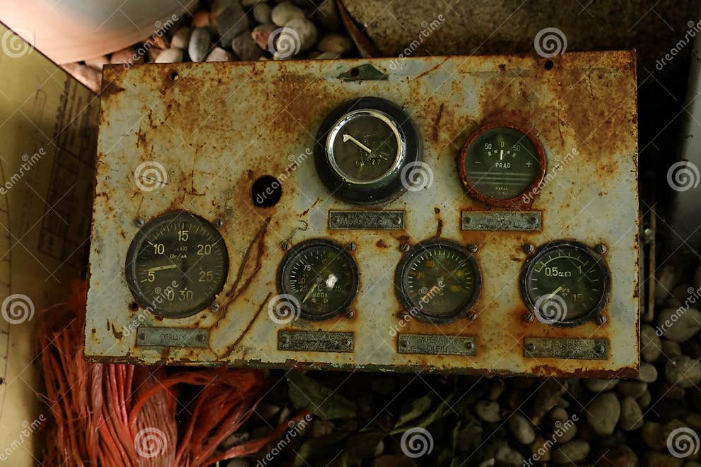 Old Rusty Measurement Panel with Six Instruments. Stock Image - Image ...