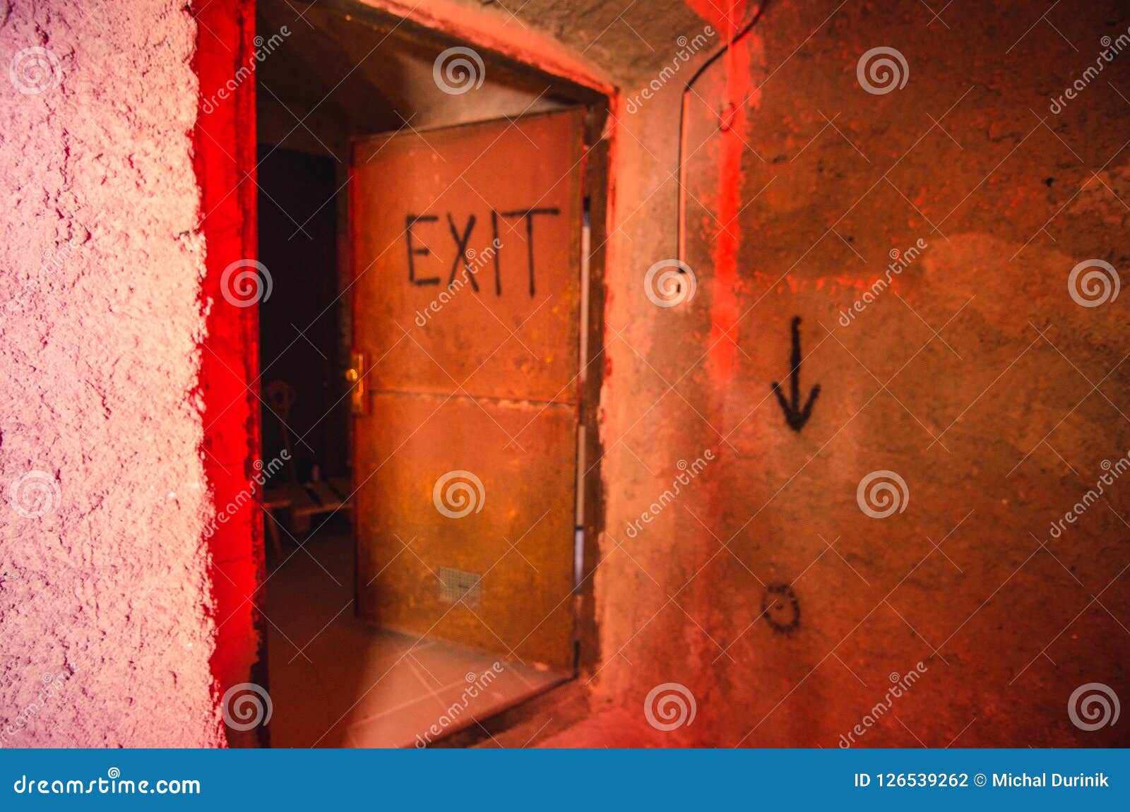 Old rusty EXIT door stock photo. Image of garage, dark - 126539262