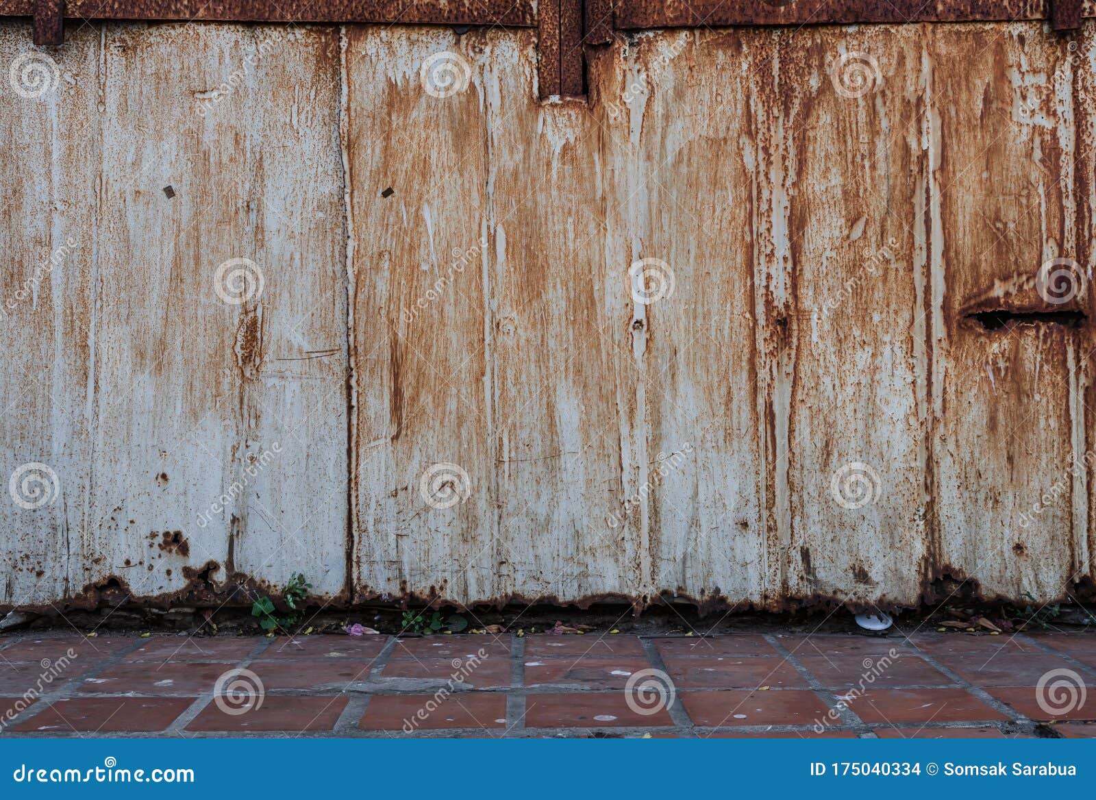 The Old Rusty Metal Fence Background and Footpath Stock Photo - Image ...