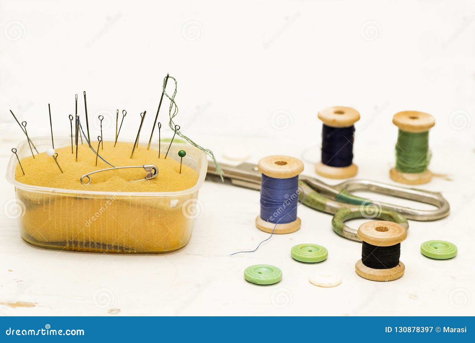 Old Rusty, Metal Needles, Pins, Scissors and Wooden Spools of Th Stock ...
