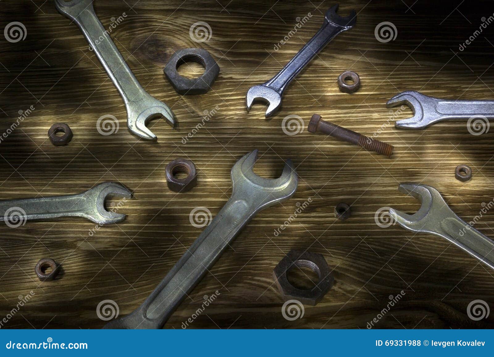Old Rusty Metallic Spanners on Wooden Table Stock Photo - Image of bolt ...