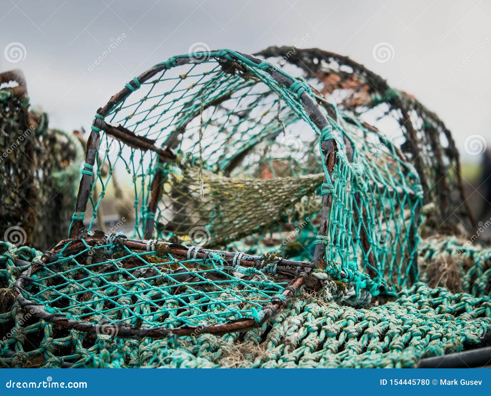 Old Rusty Open Crab Trap, Selective Focus, Green Torn Mesh Stock Photo ...