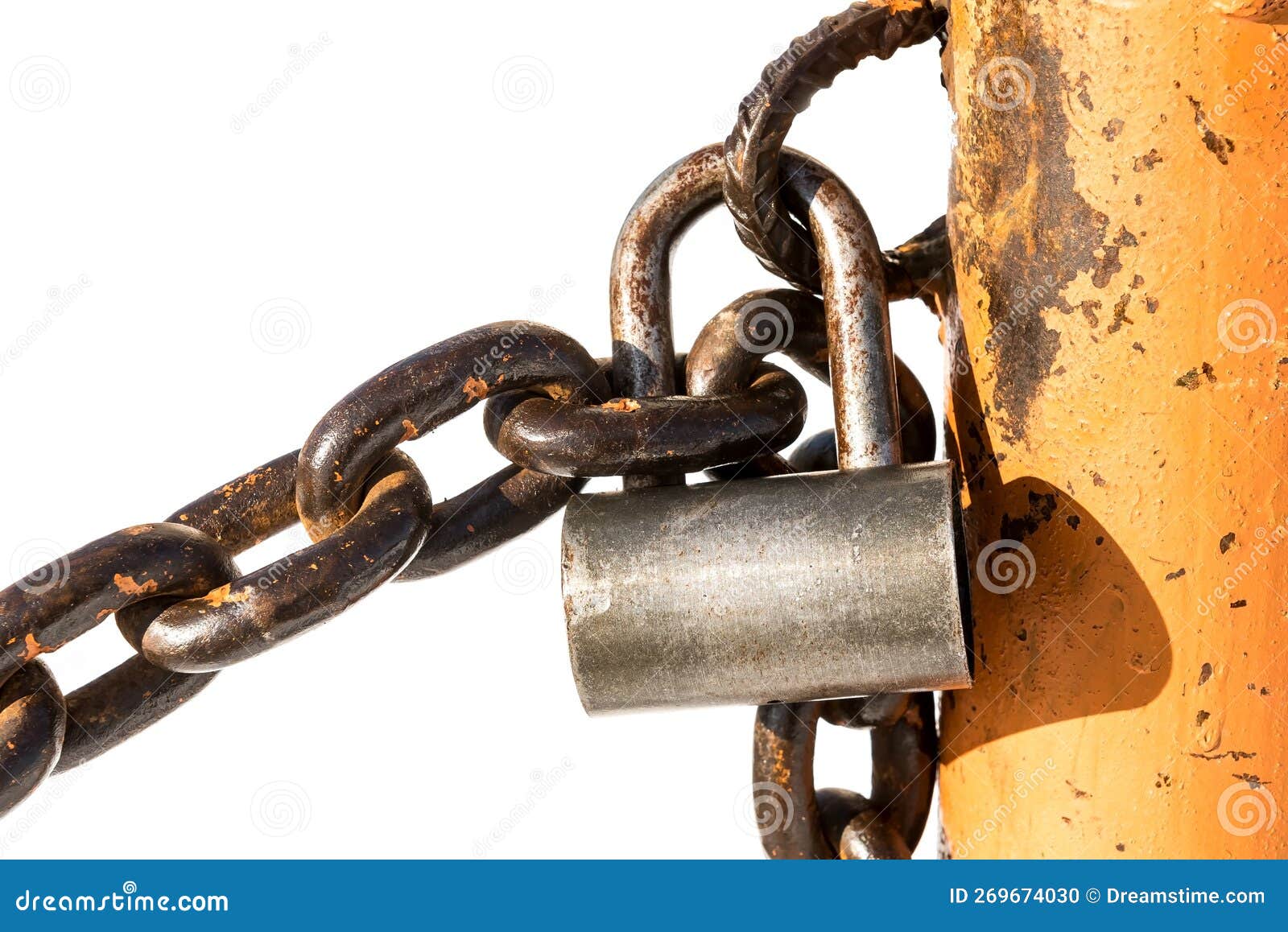 Old Rusty Padlock Shackles a Metal Chain on a White Background Stock ...