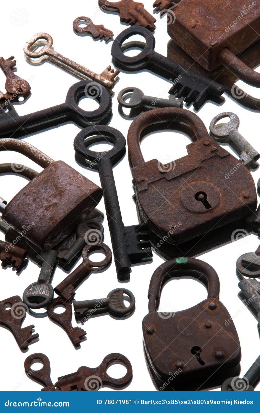Old Rusty Padlocks and Keys on White Background. Mirror Stock Image ...