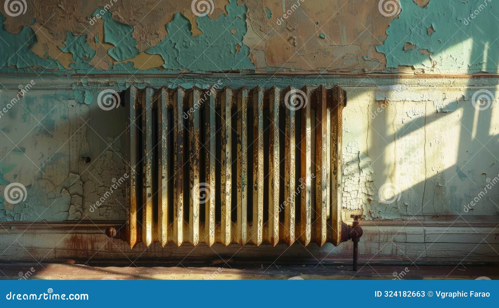 Old Rusty Radiator in Abandoned Room with Peeling Paint and Sunlight ...
