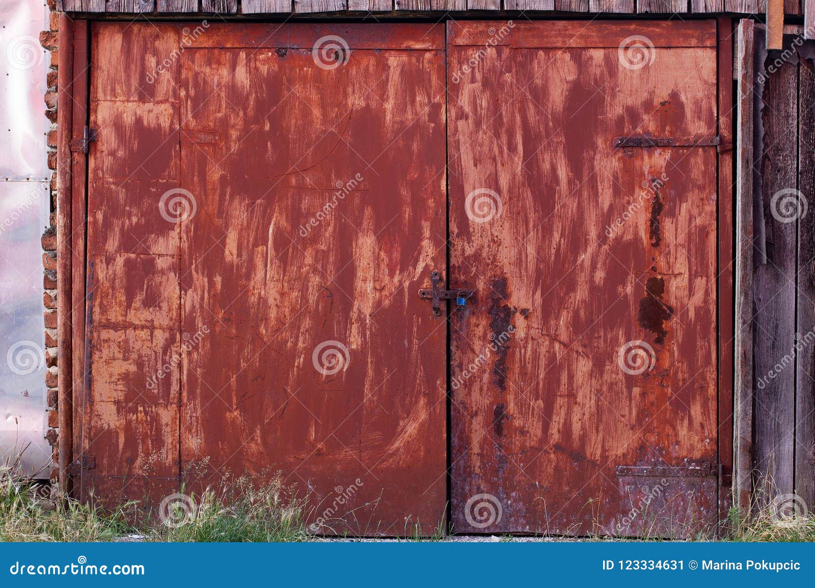 Old, Rusty Red Double Door, Securely Closed Stock Image - Image of ...