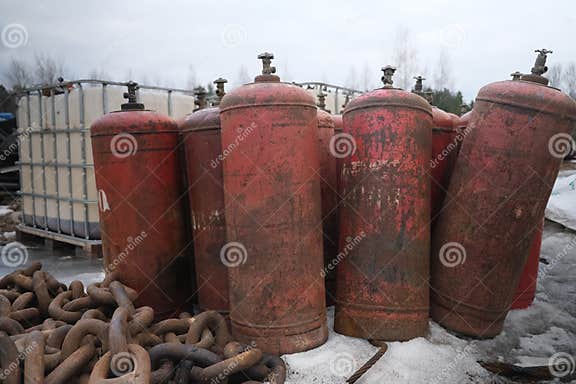 Old Rusty Red Propane Tanks Stock Photo - Image of dangerous, chemical ...