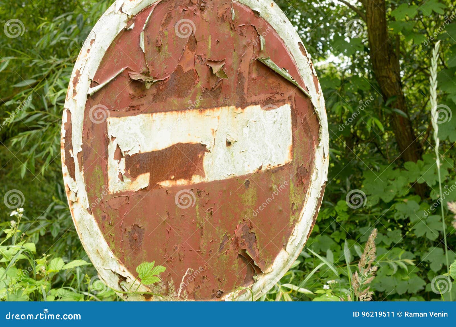 An Old Rusty Road Sign is Prohibited in the Forest. Stock Image - Image ...