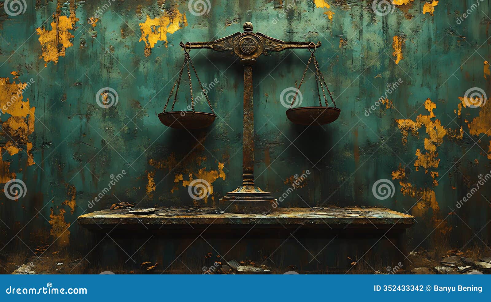 An Old, Rusty Scale Sits on a Weathered Surface Against a Peeling Blue ...