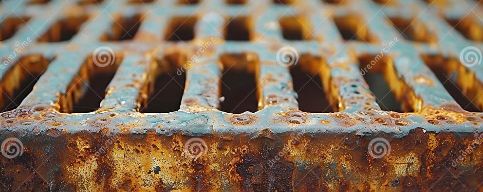 Old Rusty Sewer Grate Lies Embedded in Ground Closeup. Infrastructure ...