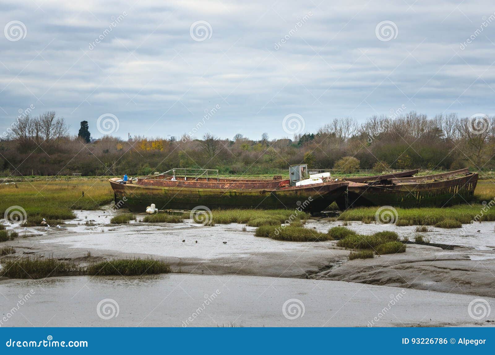 Old Rusty Ships Aground and Cloudy Sky Stock Photo - Image of fall ...