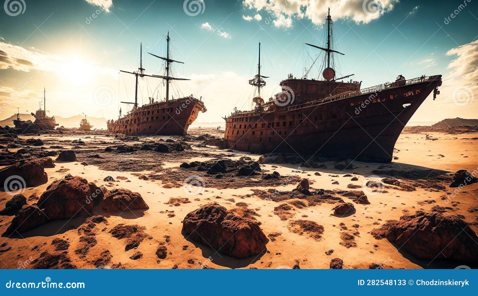 Old Rusty Ships on the Dried Sea, Post-apocalyptic Scenery. Stock ...
