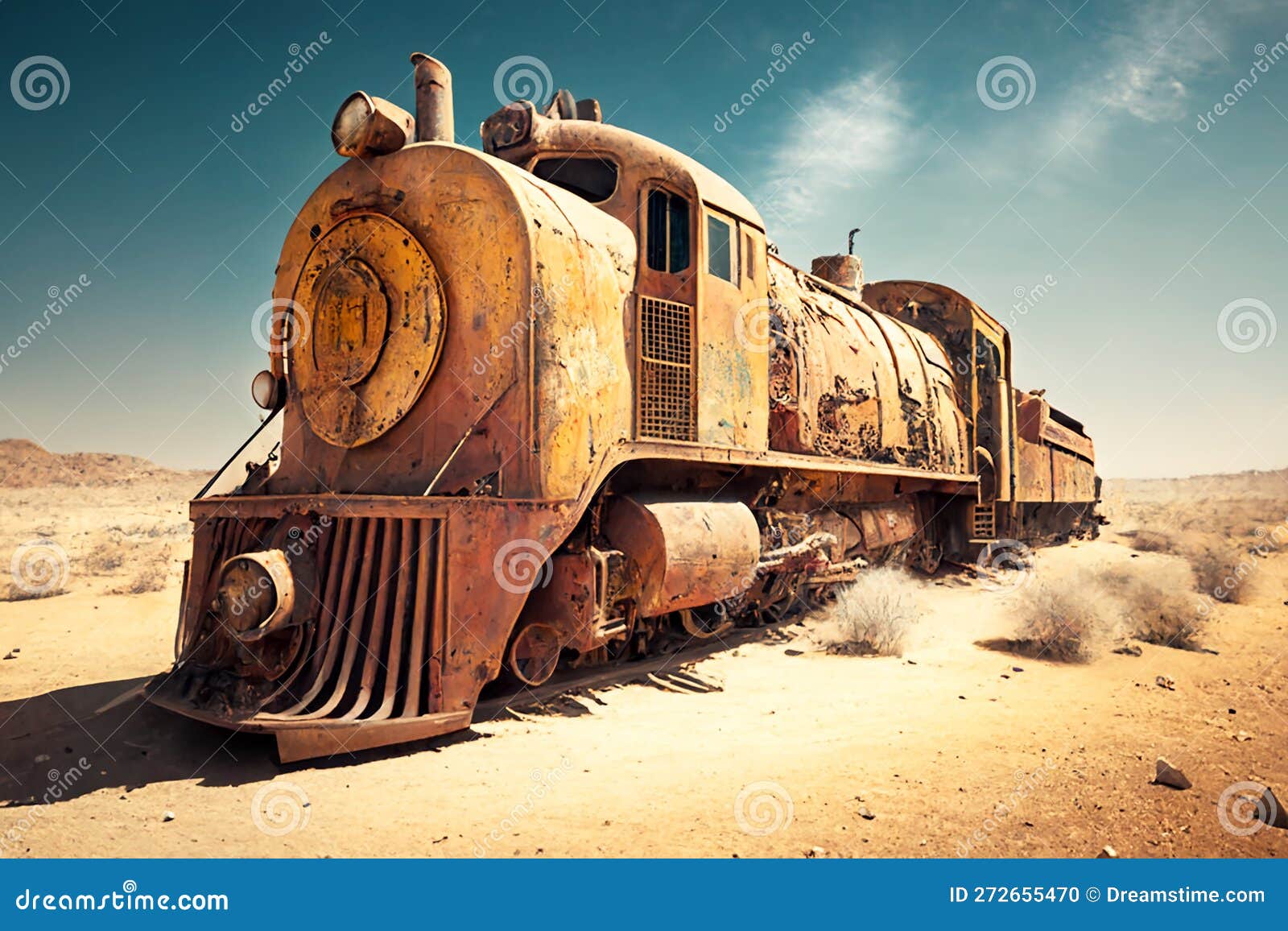 An Old Rusty Steam Locomotive Parked in the Desert Stock Illustration ...