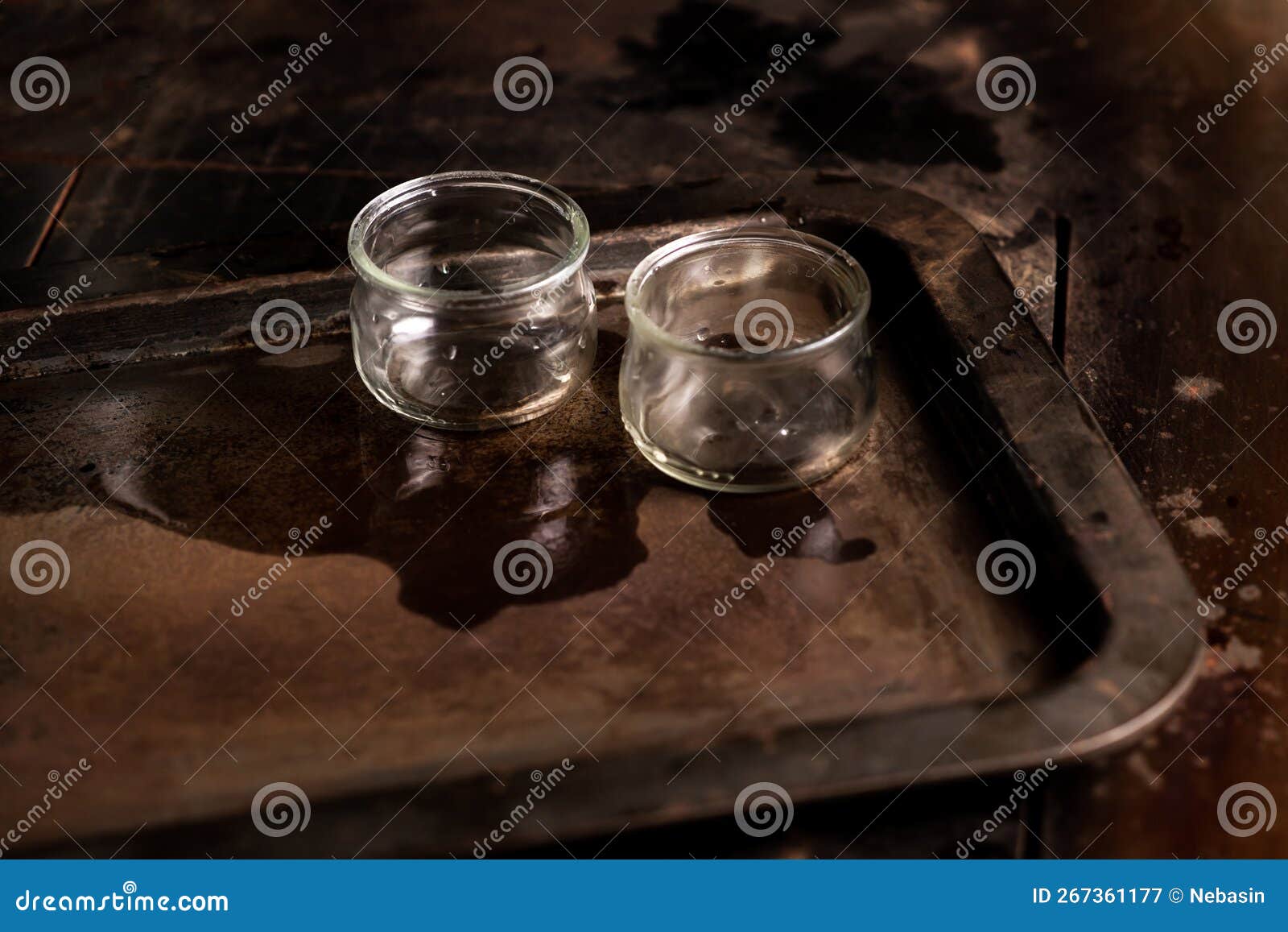Old Rusty Steel Tray with Empty Glass Bowls Stock Image - Image of ...