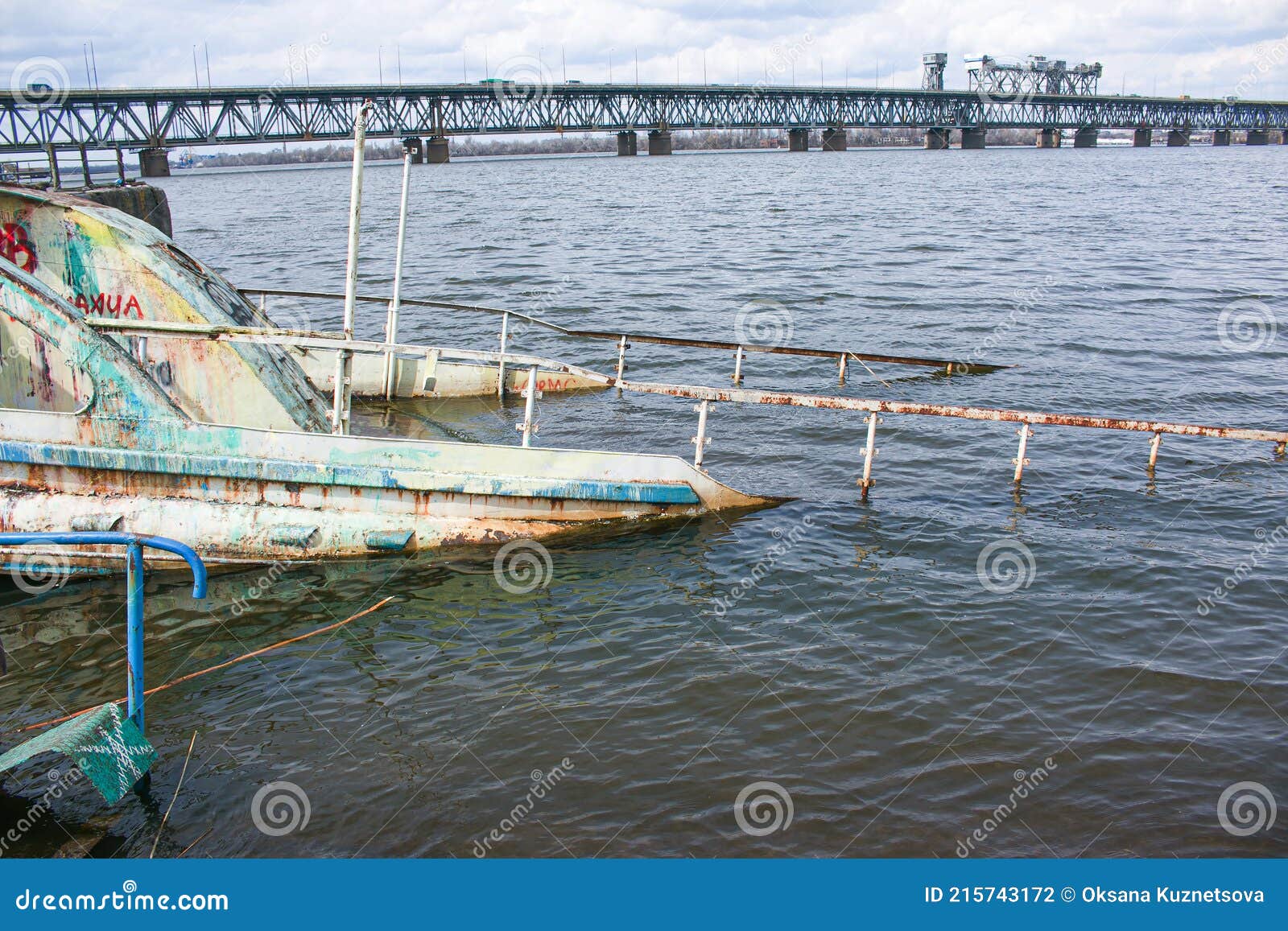 Old Rusty Sunken Ship in the Water on the Territory of the River Port ...