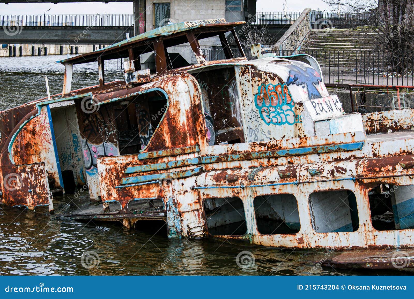 Old Rusty Sunken Ship in the Water on the Territory of the River Port ...