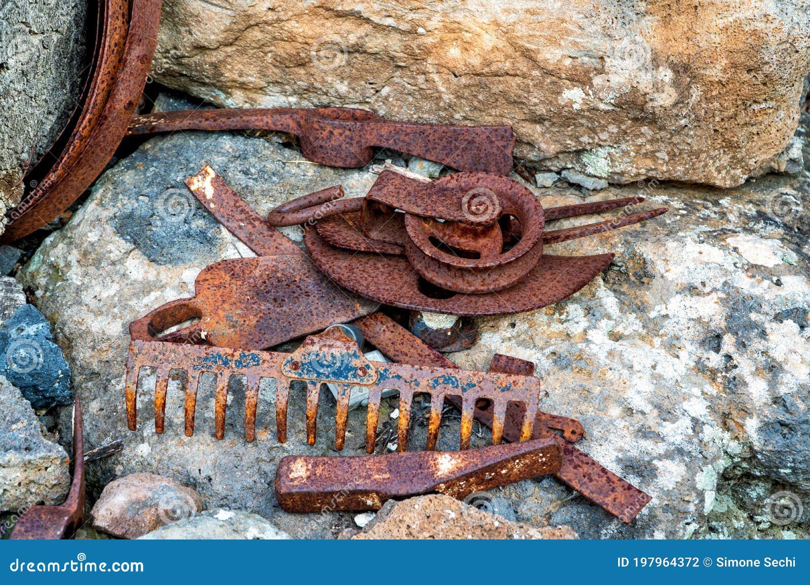Old Rusty Tools for Agricultural Work: Pickaxe, Rake, Pulley and Hoe ...