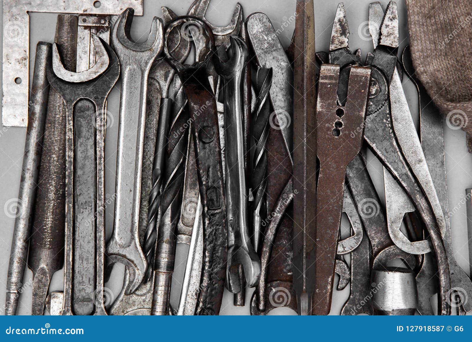 Old Rusty Tools, Hammer, Calliper, Screwdriver, Pliers, Spanners Stock ...