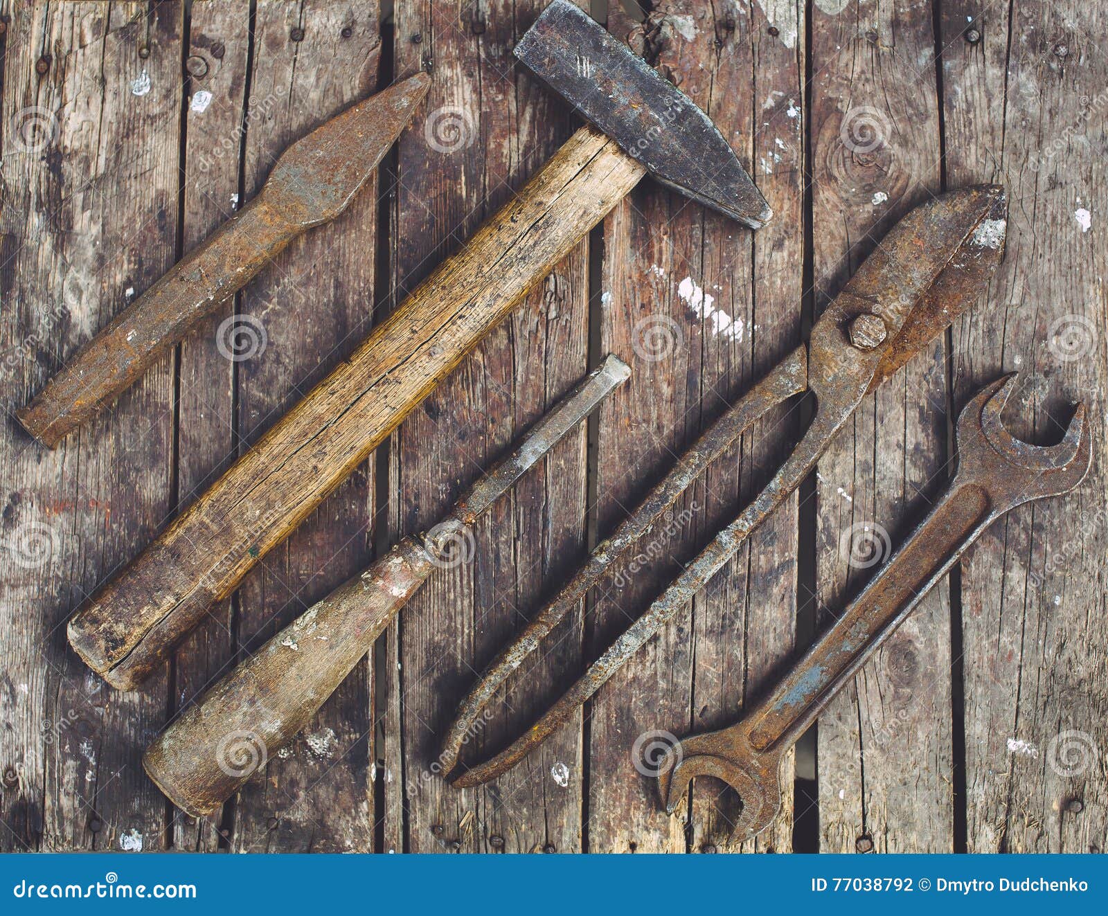 Old, Rusty Tools Lying on a Wooden Table. Stock Photo - Image of brown ...
